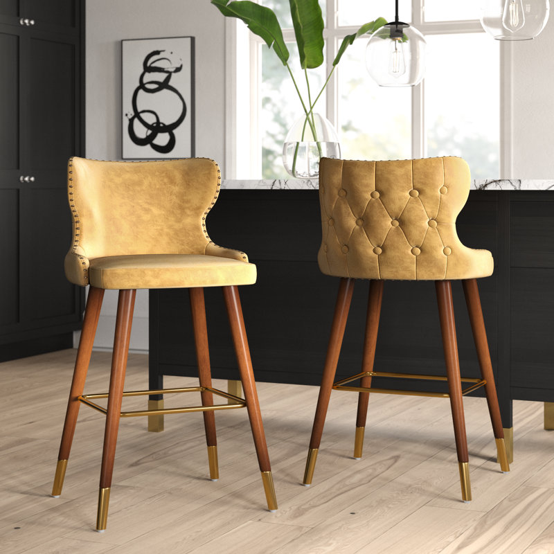 Carrazco Upholstered Counter Stool with Solid Wood Frame Set of 2 Wade Logan Color Yellow Seat Height Counter Stool 24.5 Seat Height